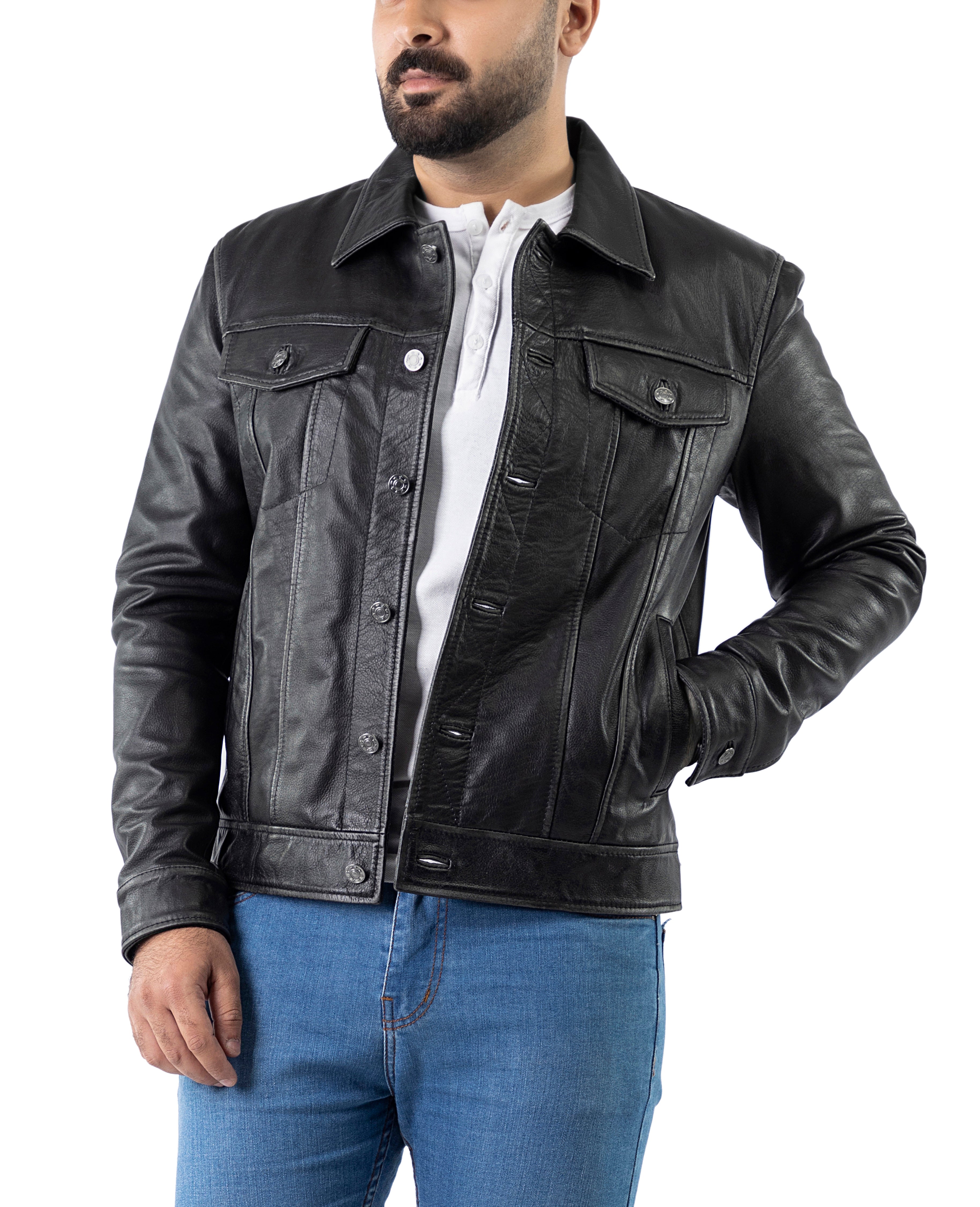 Trucker Distress Black Grey Real Leather Jacket – Superior Leather